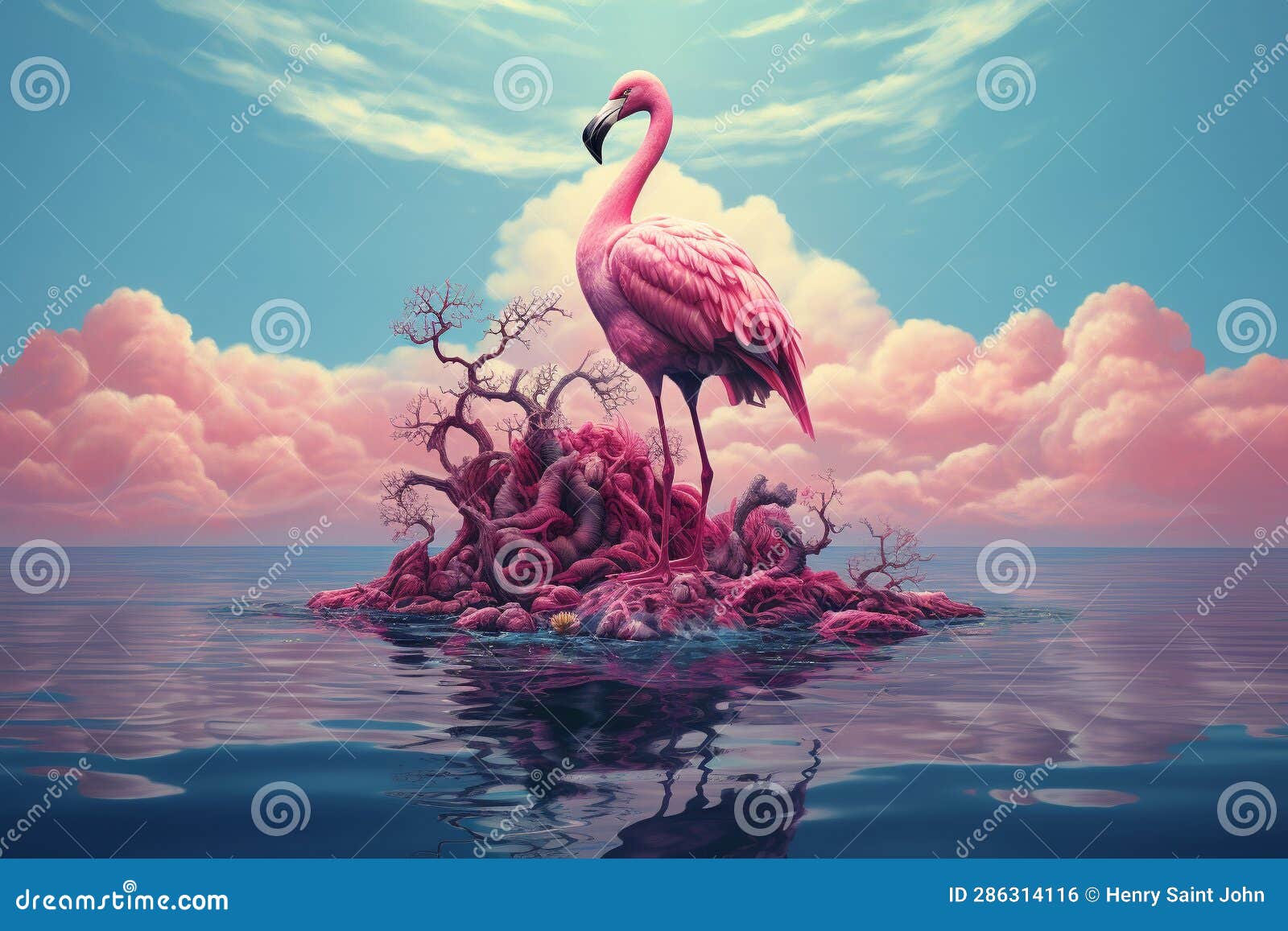 Surrealism: Flamingo with Peacock Feathers on Floating Rock Stock ...