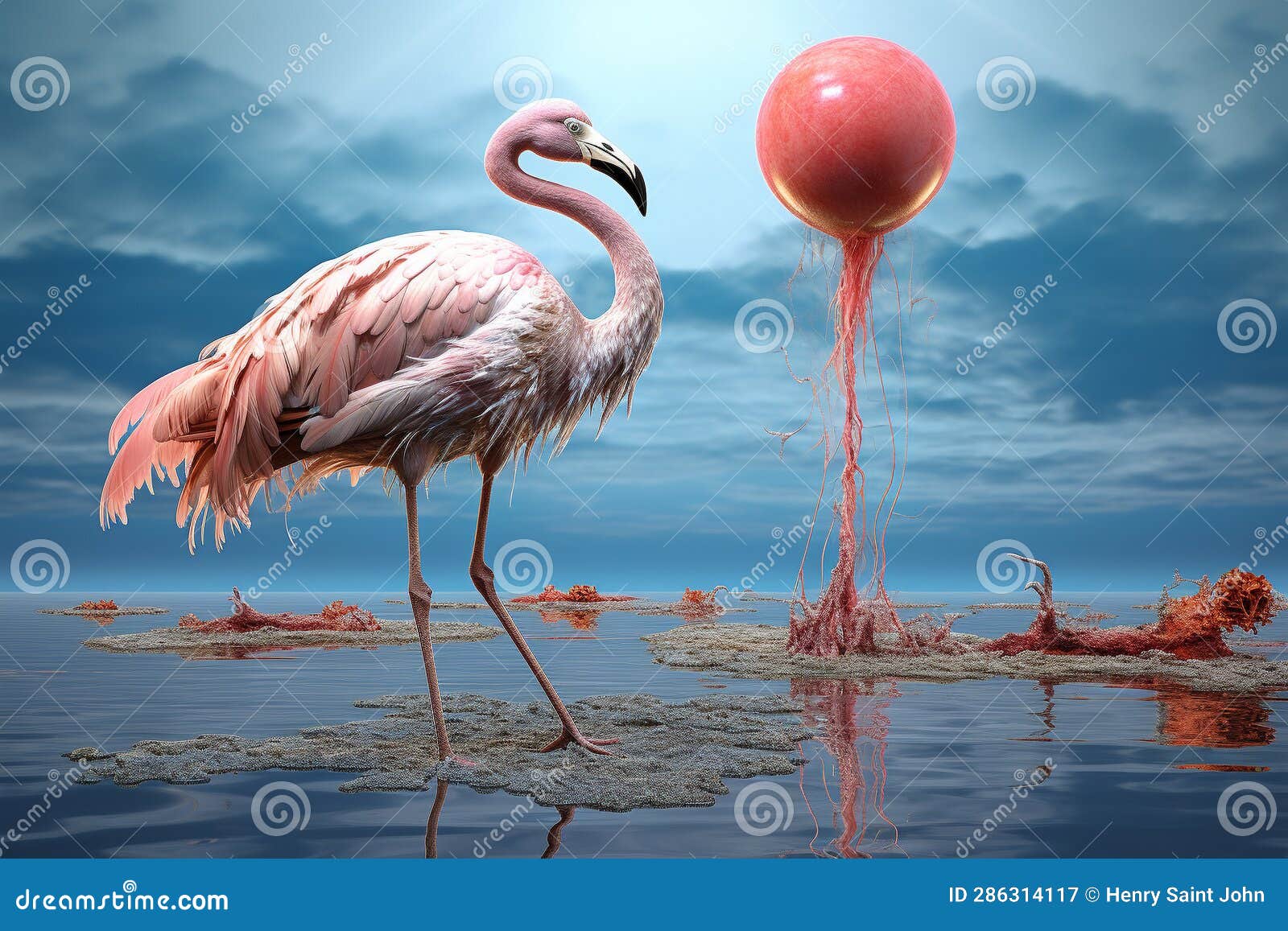Surrealism: Flamingo with Peacock Feathers on Floating Rock Stock ...