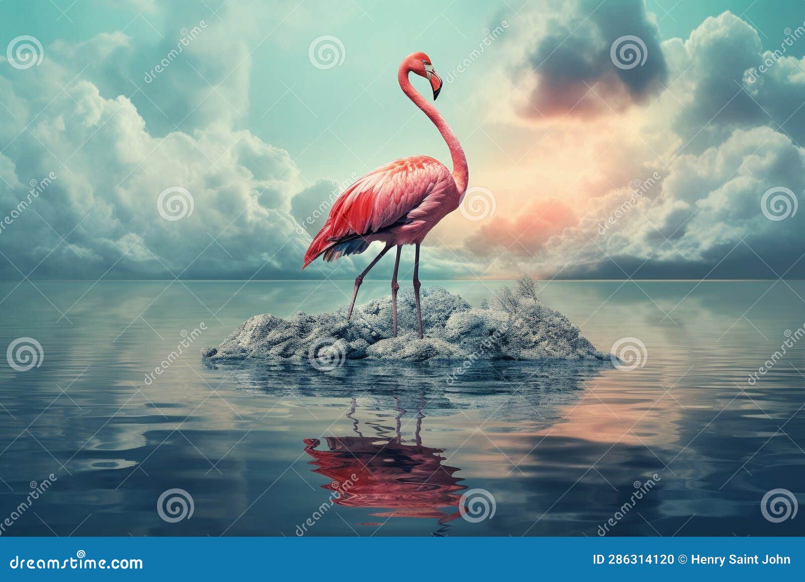 Surrealism: Flamingo with Peacock Feathers on Floating Rock Stock ...