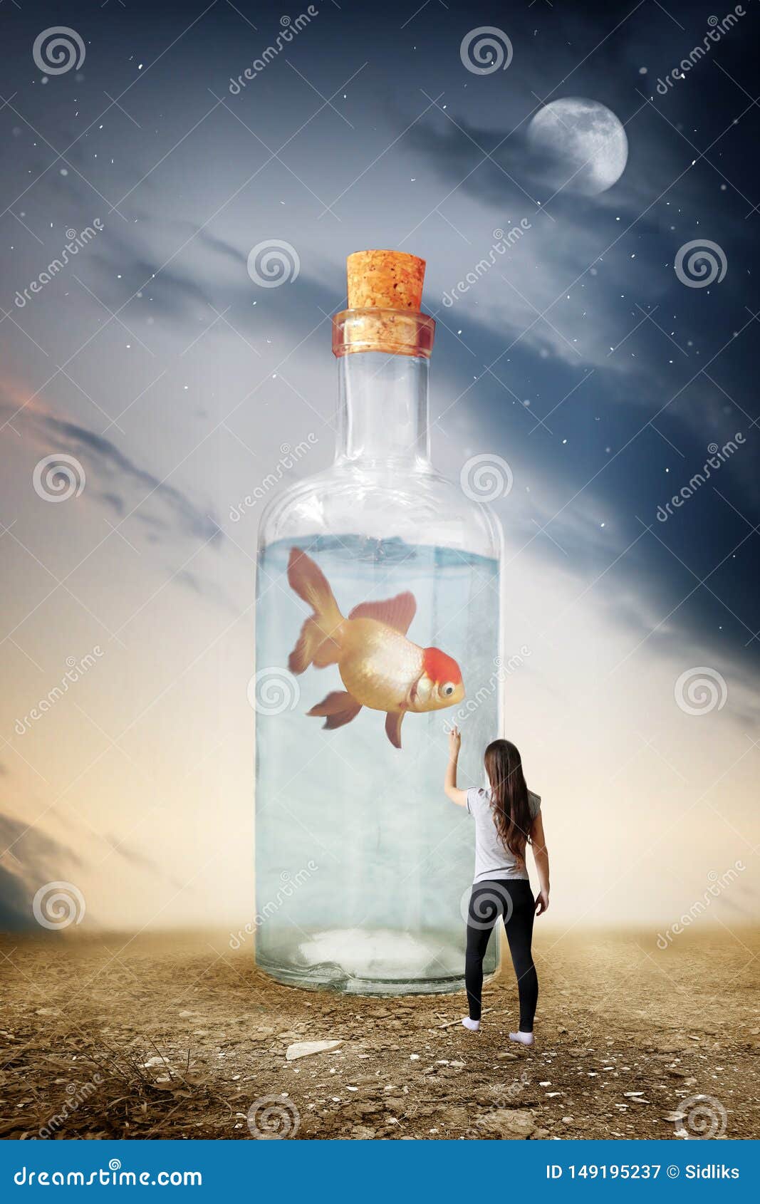 Surrealism of Glass Bottle with Fish Stock Image - Image of cloud ...