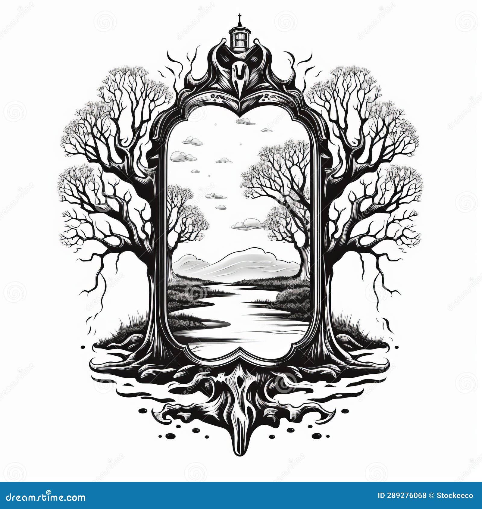 Surrealism Mirror: a Crisp Black Vector Illustration in Surrealist ...