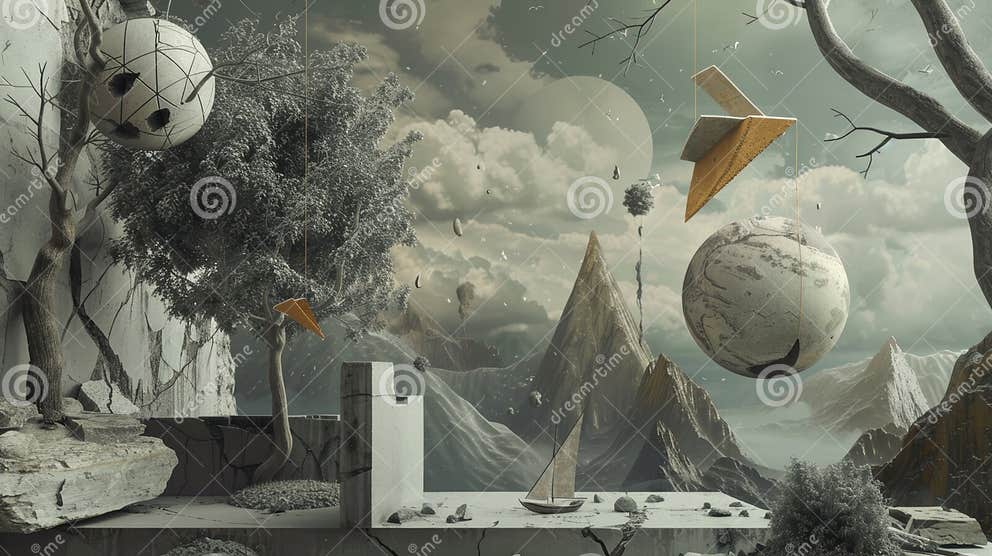 Surrealist Landscape with Floating Objects and Elements Stock ...