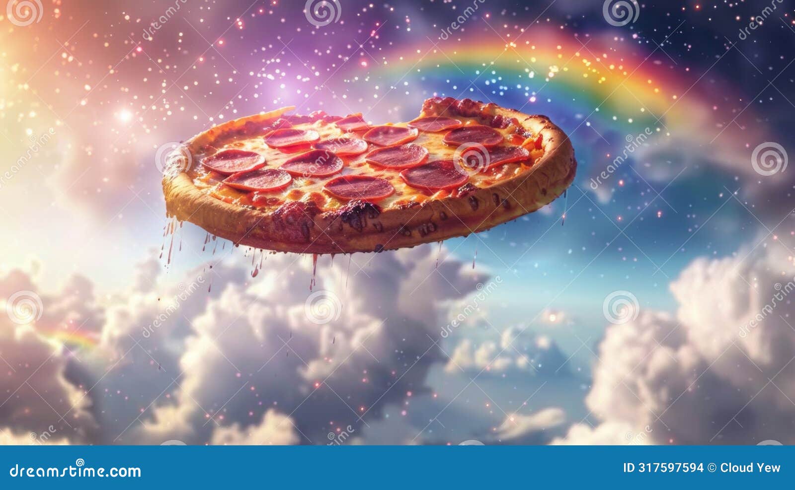 Surrealistic Depiction of a Spinning Pepperoni Pizza Flying through a ...