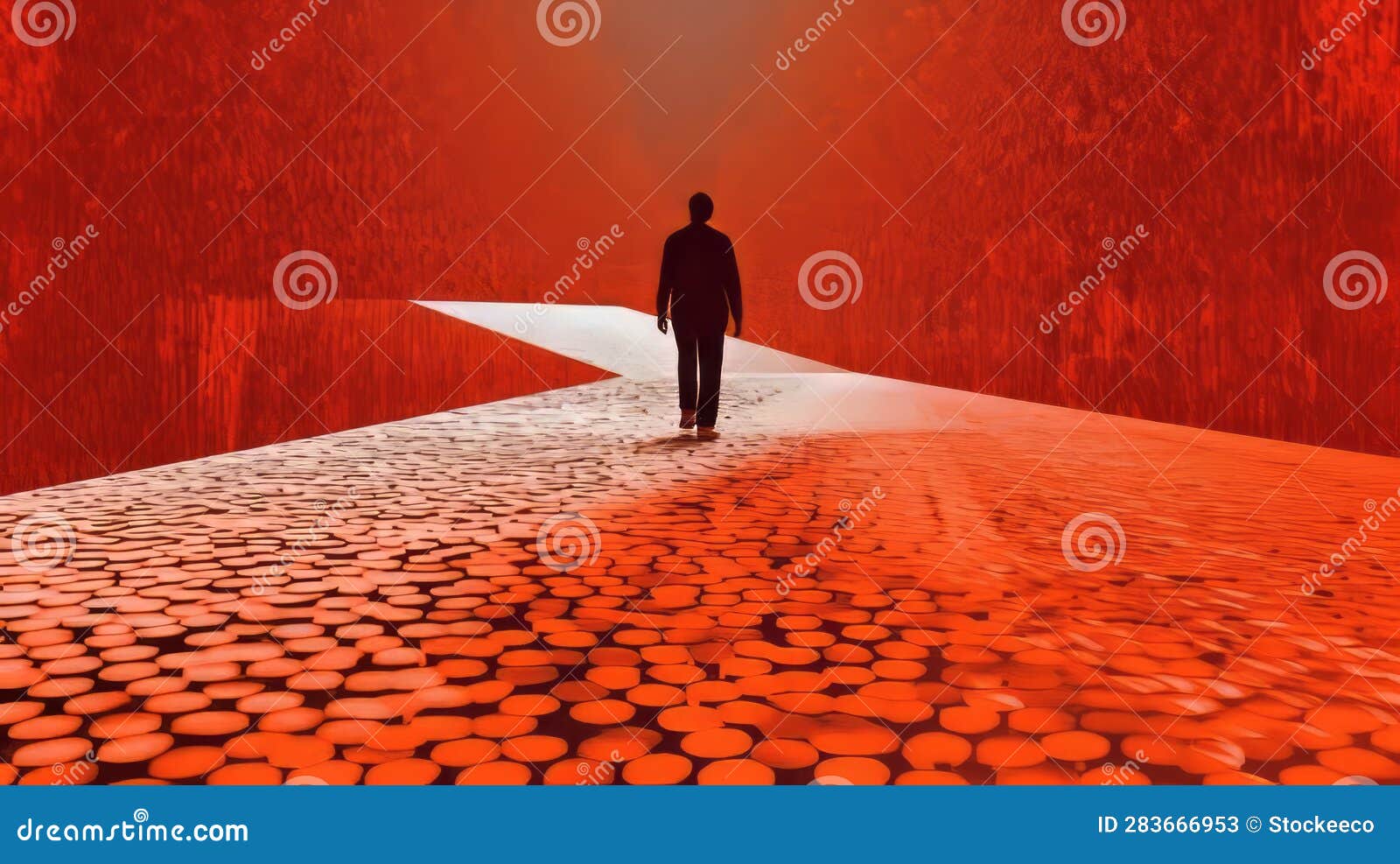 Surrealistic Installation: Man Walking on Red Path in 8k Resolution ...