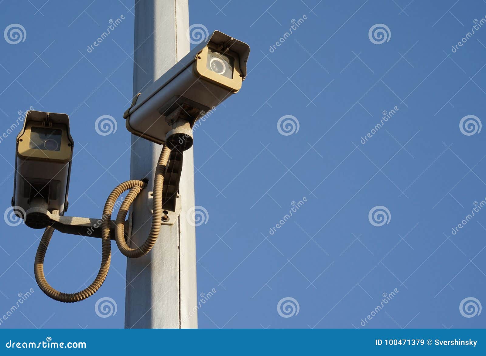 Surveillance Camera in the Blue Sky Stock Image - Image of object ...