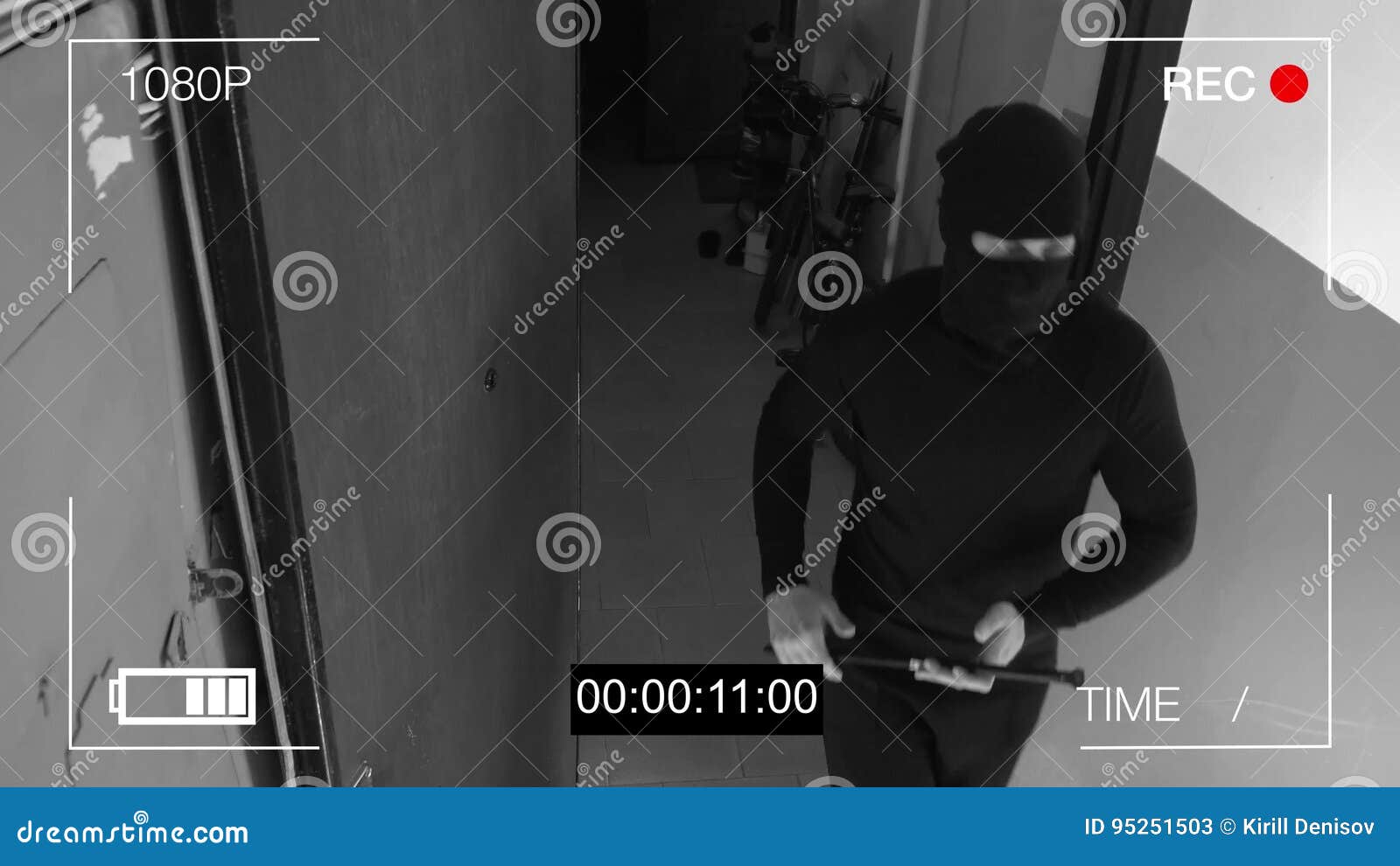 Surveillance Camera Caught the Robber in a Mask with a Crowbar Stock ...