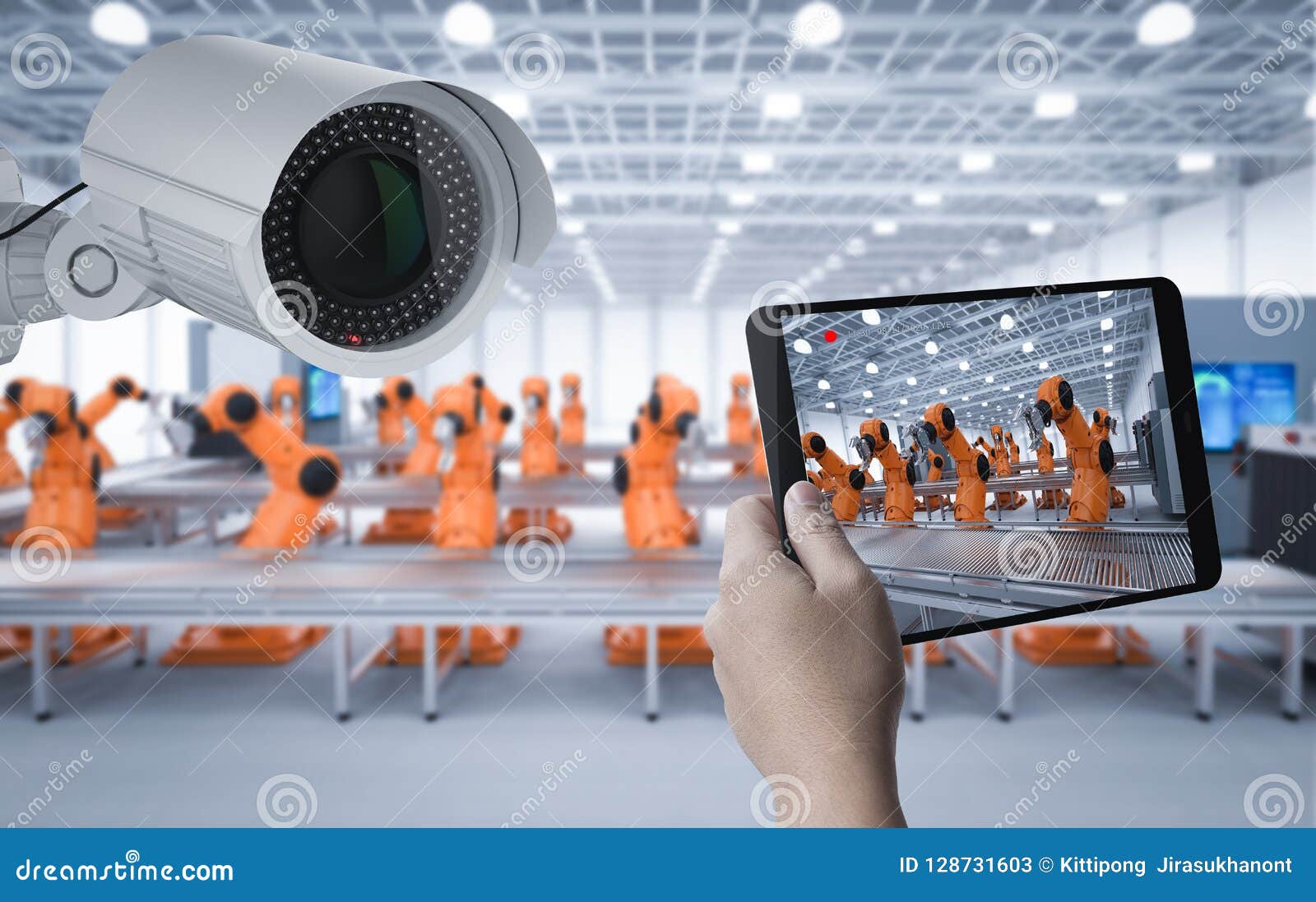 Surveillance Camera in Factory Stock Image - Image of rendering, line ...