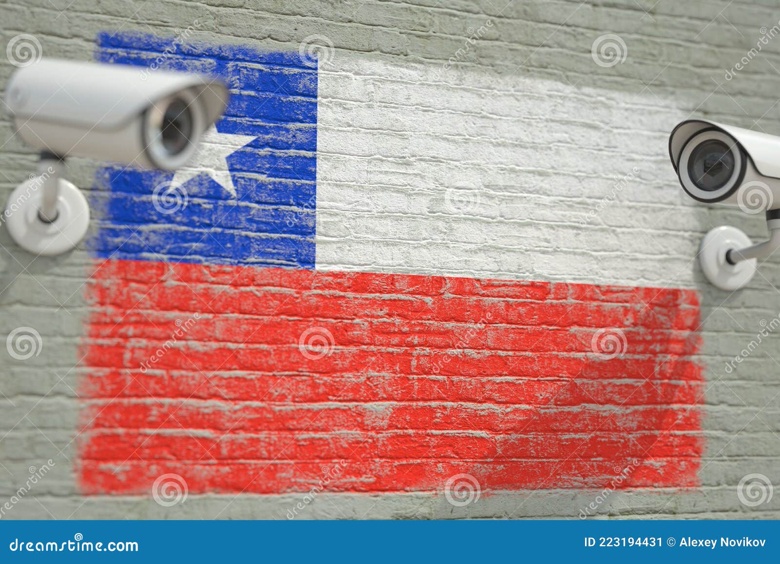 Surveillance Cameras and Wall with Flag of Chile. Modern Security ...