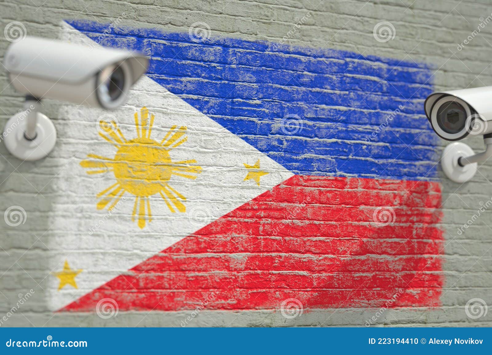 Surveillance Cameras and Wall with Flag of Philippines. Modern Security ...