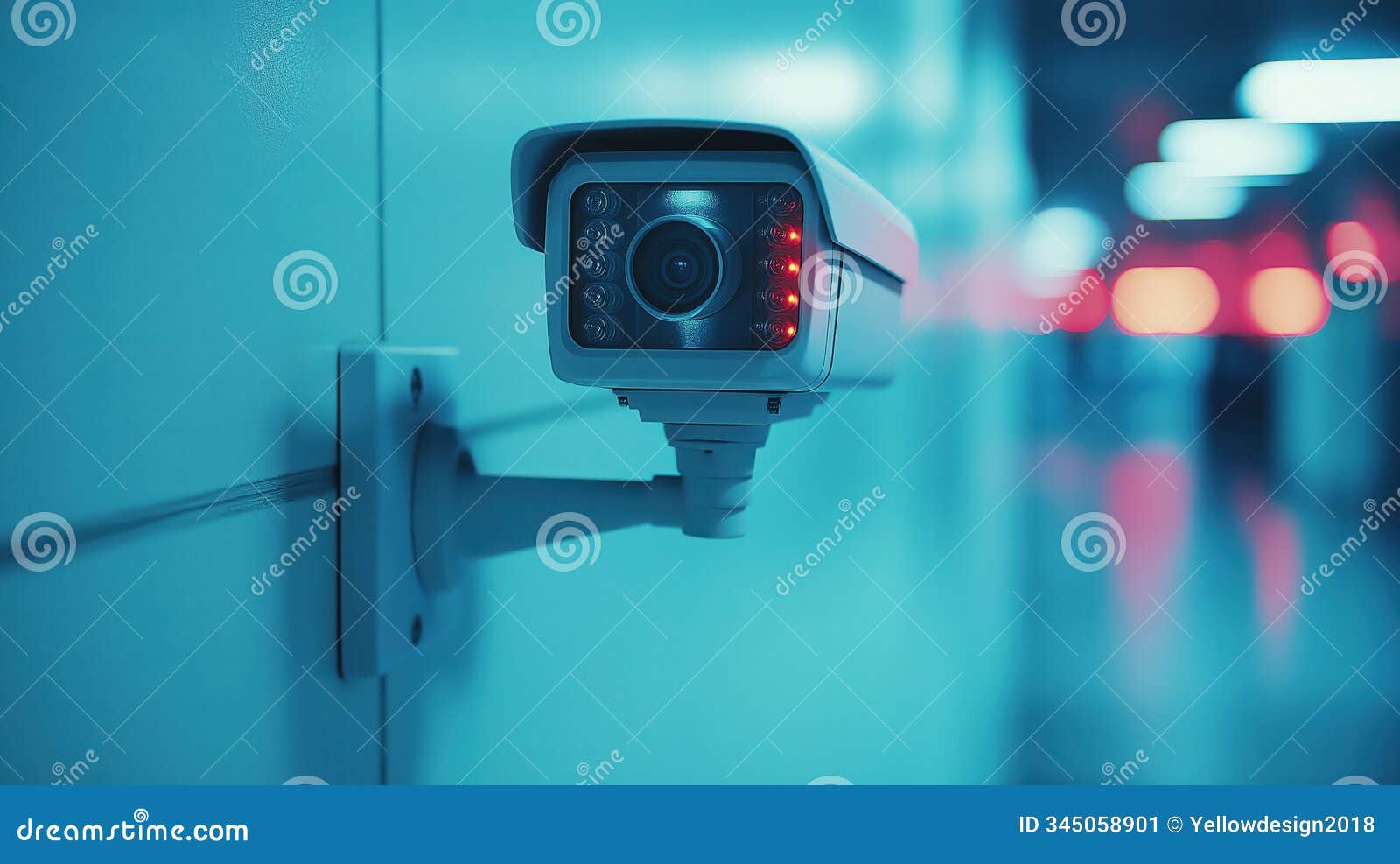Surveillance Camera in a Futuristic Hallway with Blue Lighting and Red ...