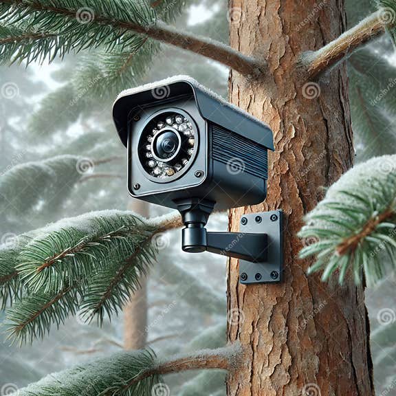 The Surveillance Camera is Installed on a Tree in the Forest. Stock ...