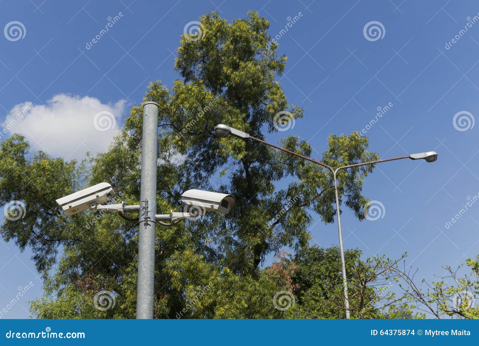 Surveillance Camera and Lamp Post in the Park. Stock Photo - Image of ...