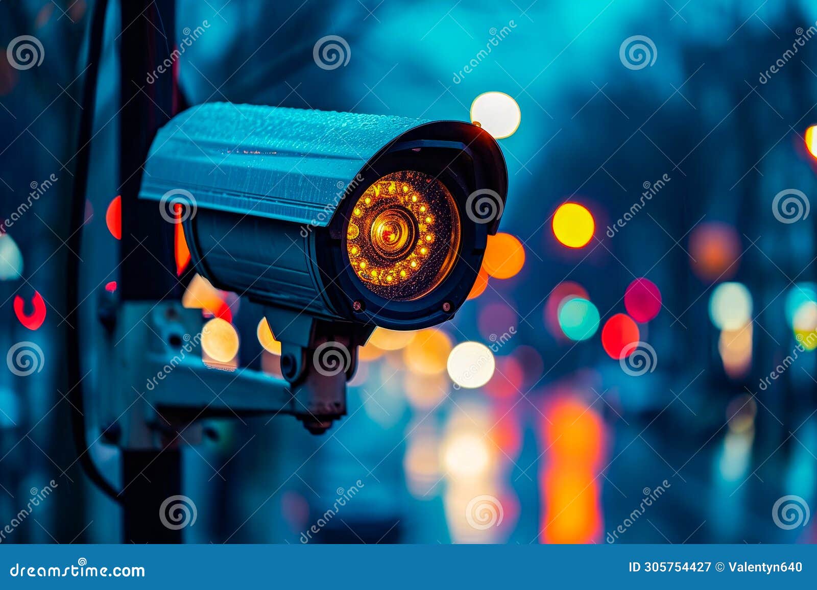 Surveillance Camera is Lit Up in Dark Environment with Blurred Lights ...