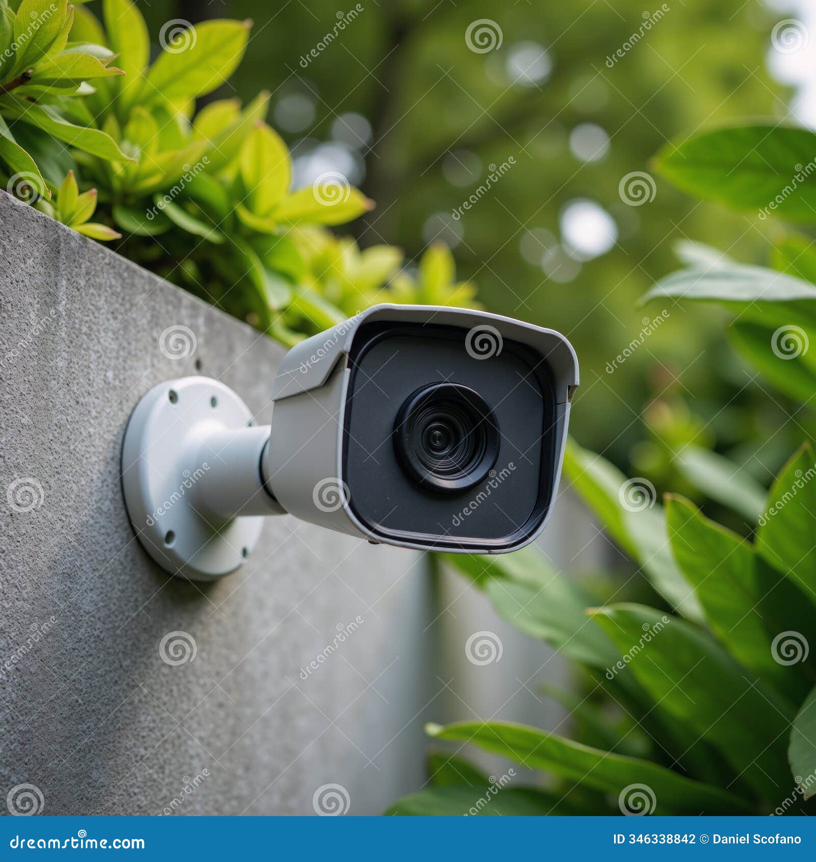 Surveillance Camera with Lush Green Backdrop on a Concrete Wall ...