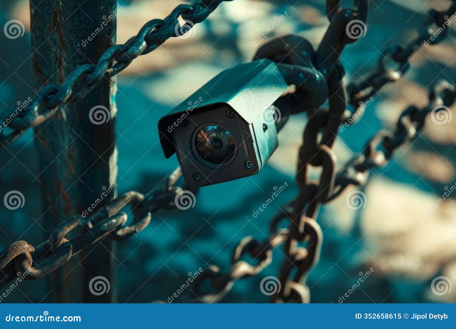 Surveillance Camera Mounted on Chain. Stock Image - Image of trespass ...