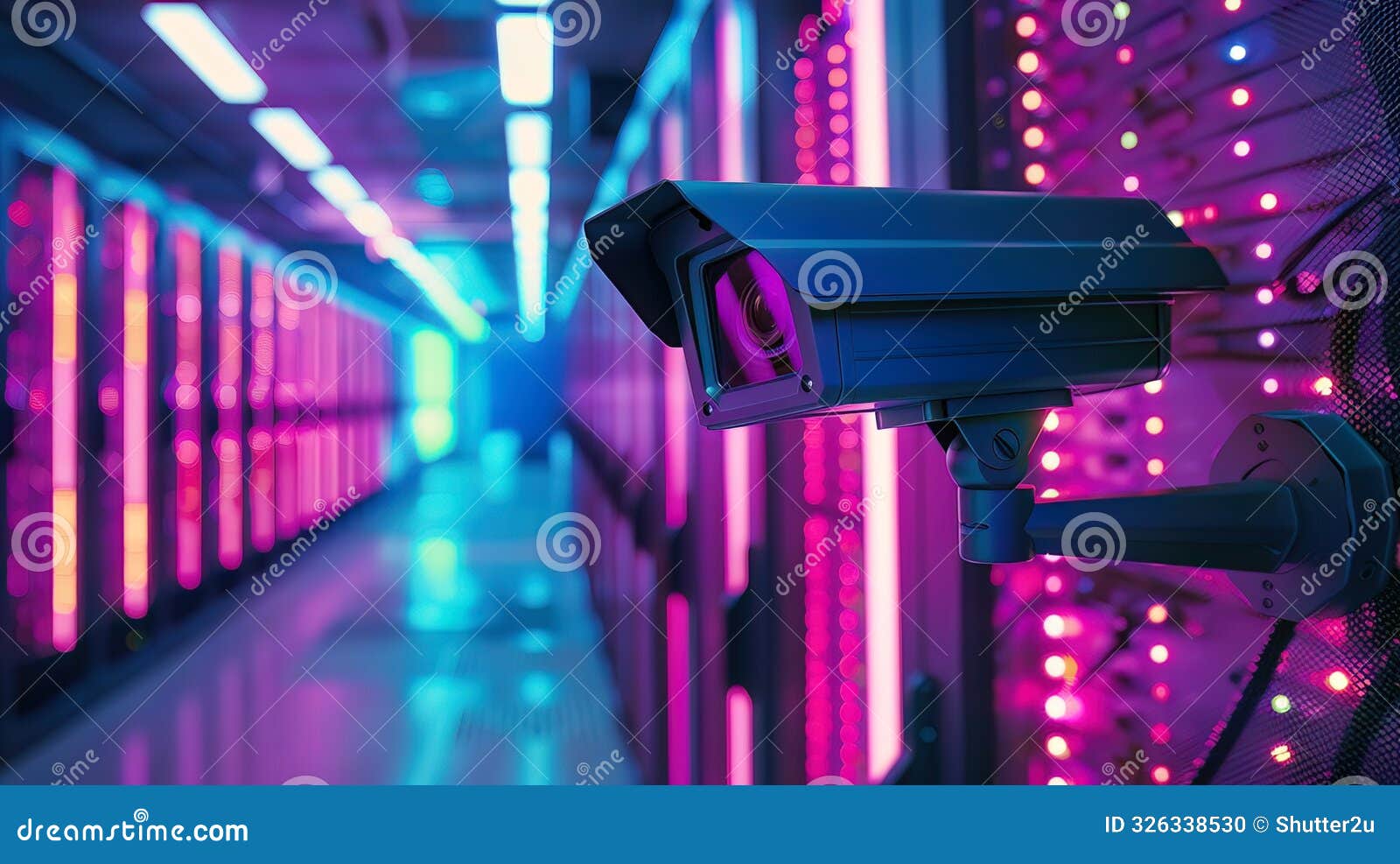 Surveillance Camera Oversees a Network Server Room Neon Lights Stock ...