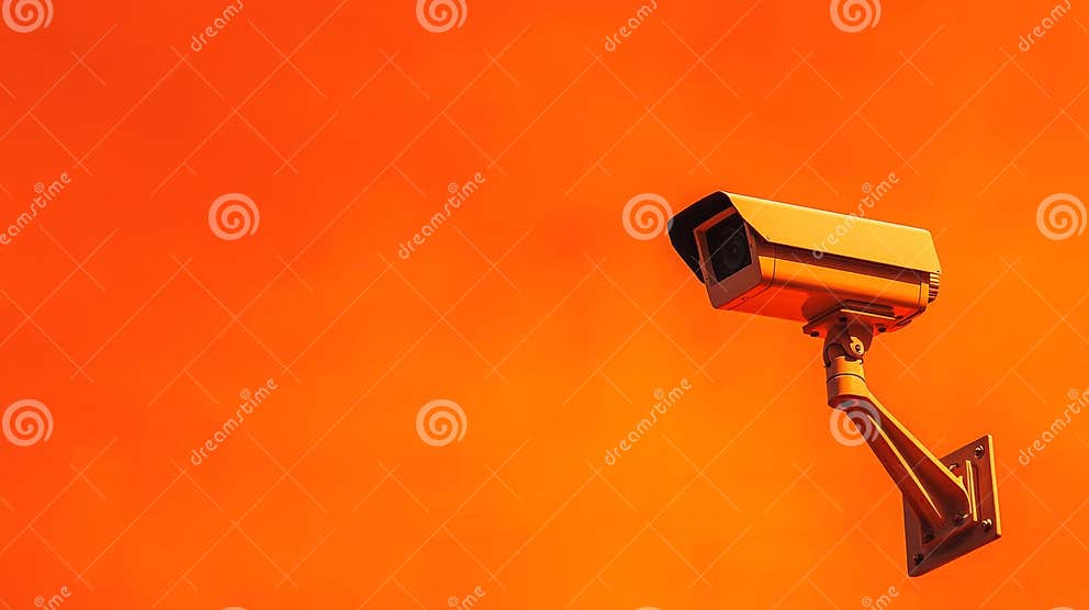 Surveillance Camera on Vibrant Orange Wall, Security Concept Stock ...