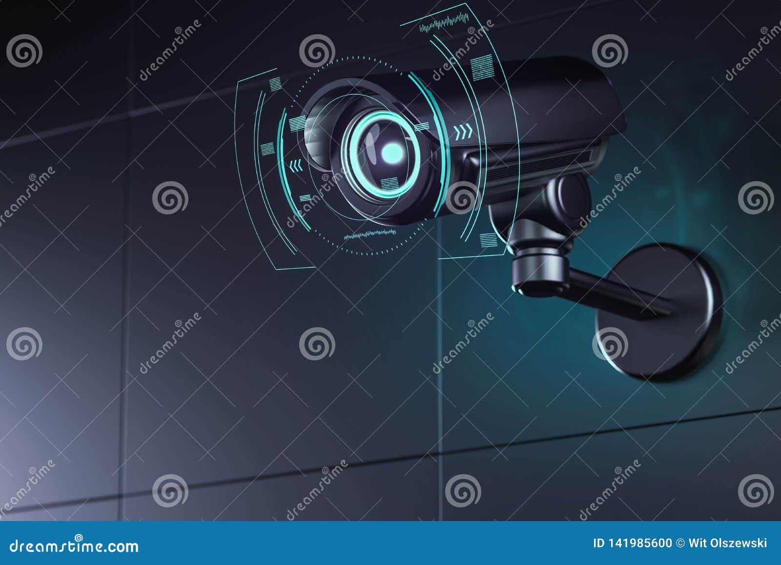 Surveillance Camera on Wall with Futuristic Interface Around Its Lens ...