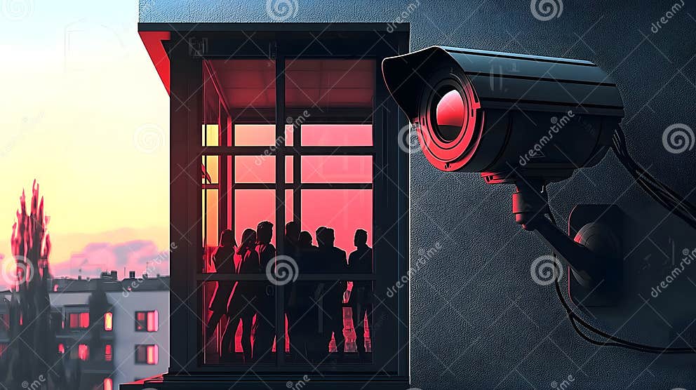 Surveillance Camera Watching Crowded Window Scene Stock Illustration ...