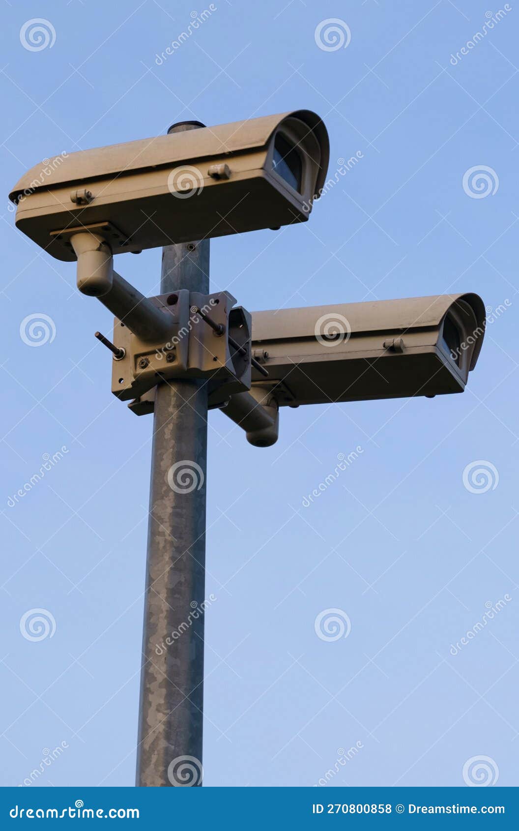 Surveillance Cameras Mounted on a Pole Against the Blue Sky. Stock ...