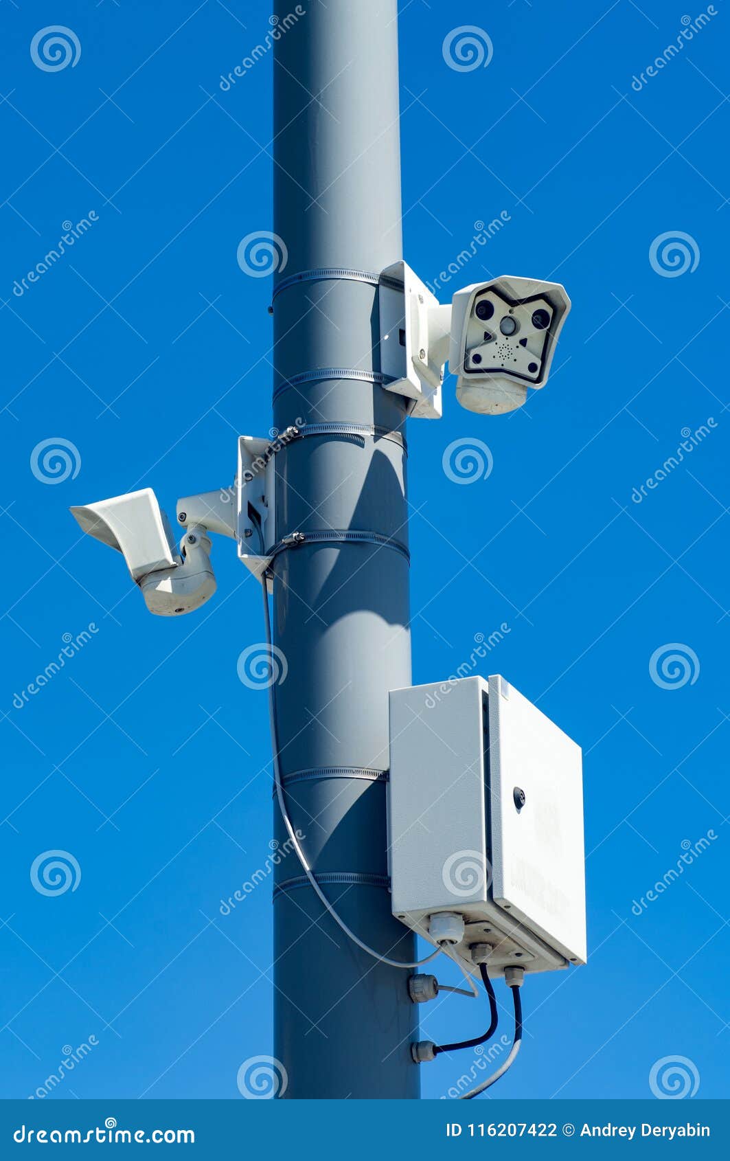 Surveillance Cameras on a Pole Against a Blue Sky. Stock Photo - Image ...
