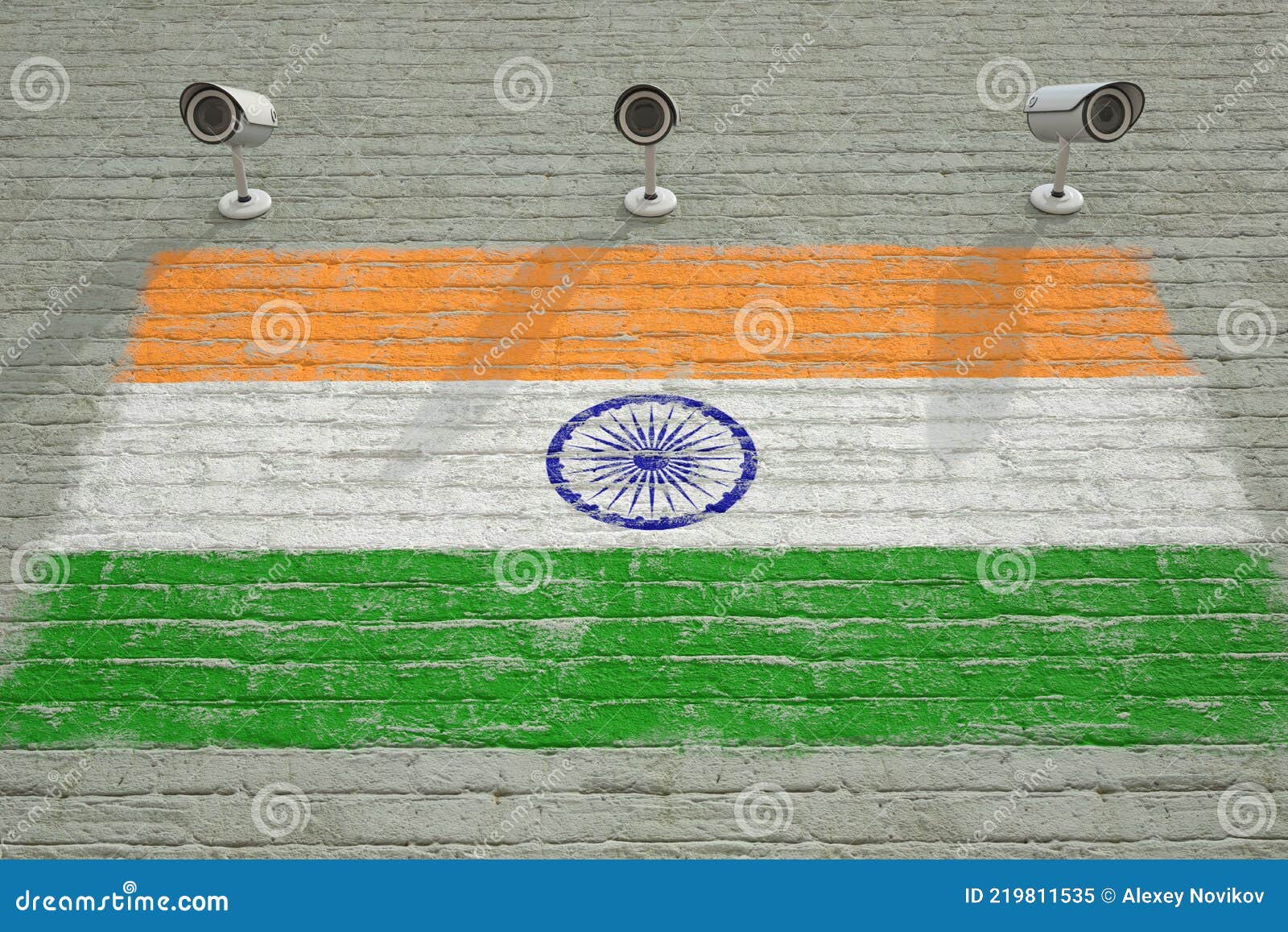 Surveillance Cameras and Wall with Printed Flag of India. National ...