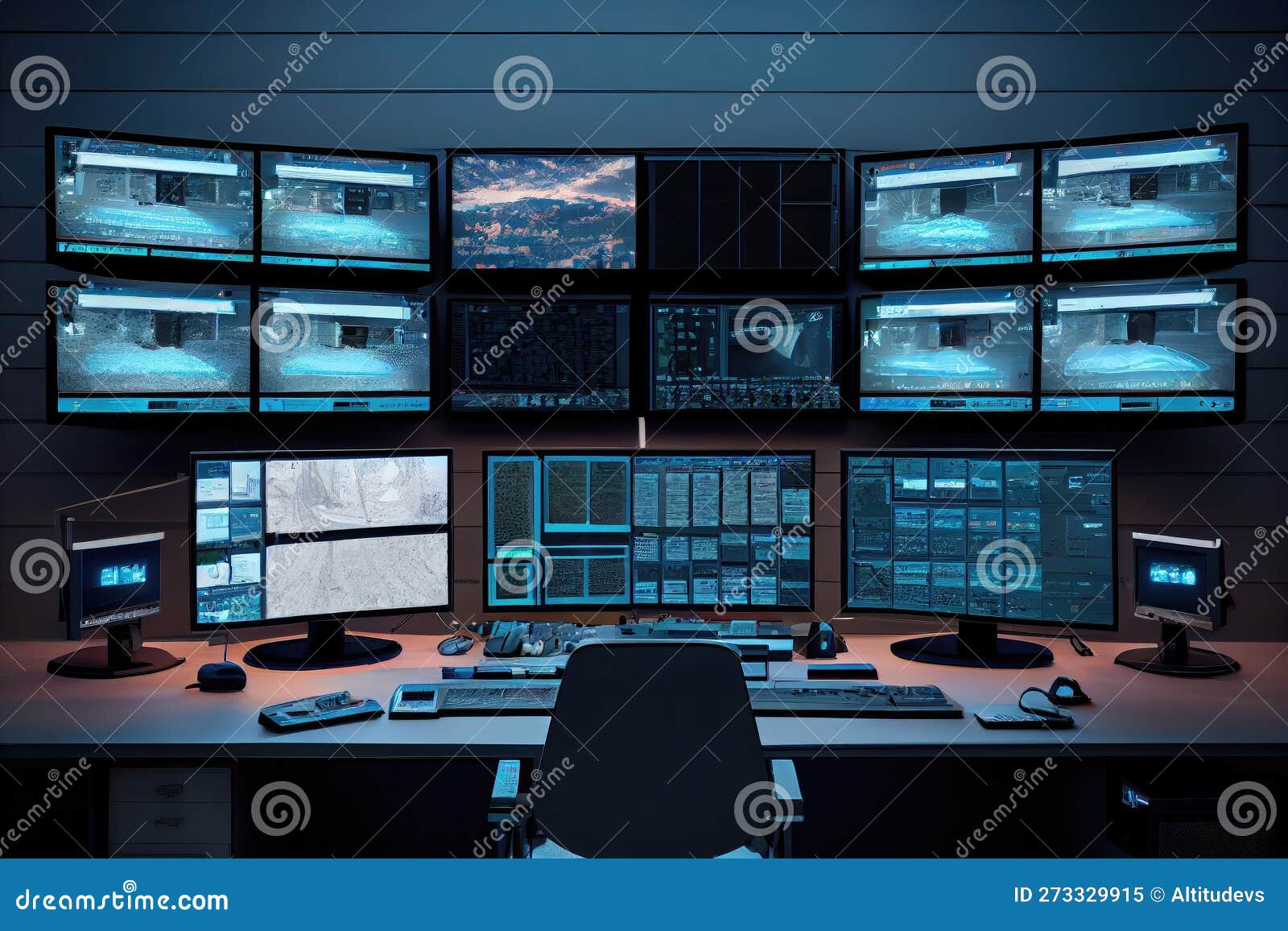 Surveillance Room with Multiple Monitors Displaying Different Areas ...