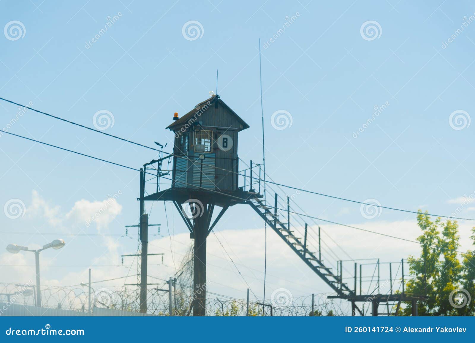 Surveillance Tower in an Old Prison Surrounded by Barbed Wire Stock ...