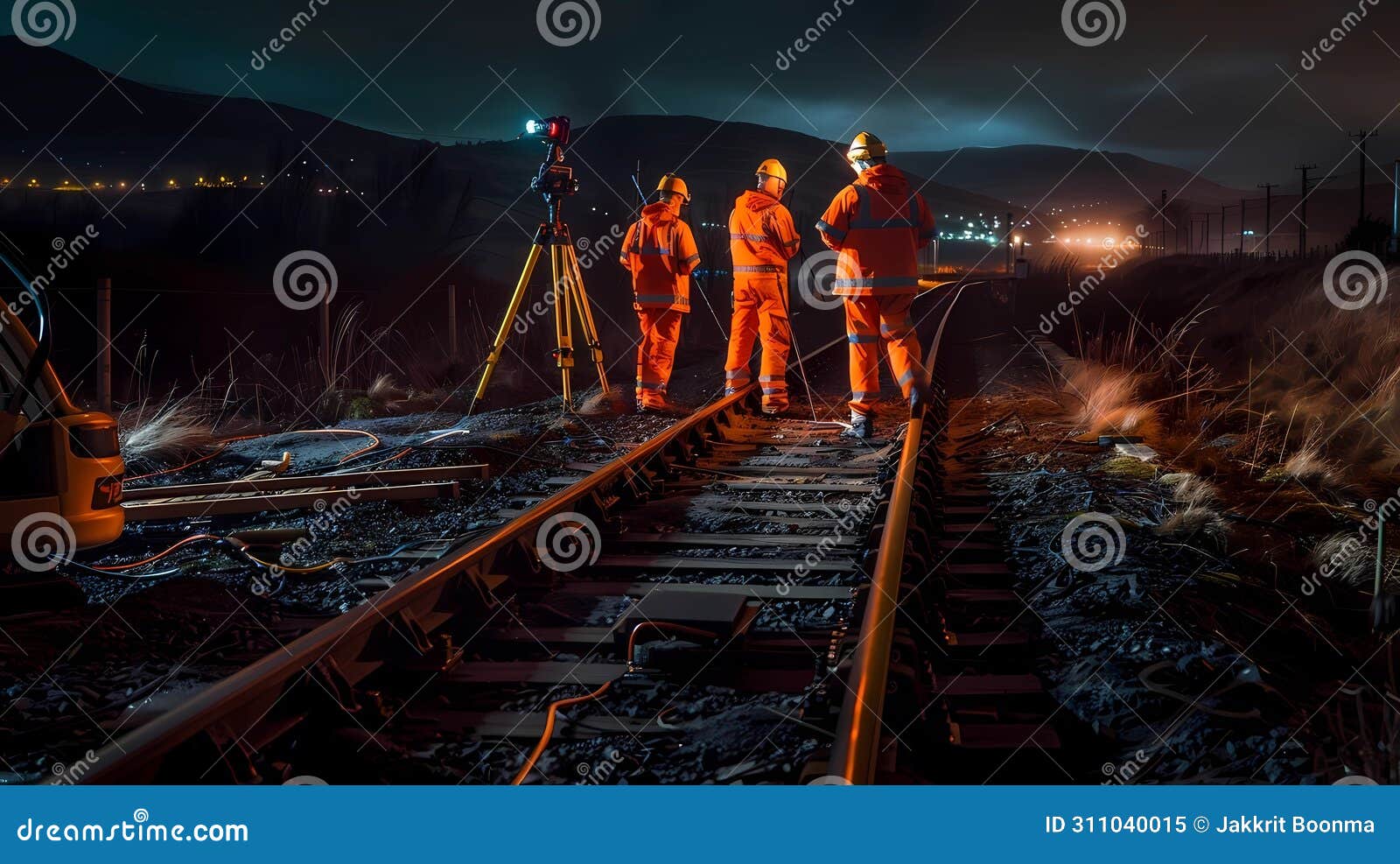 Surveyor, Engineer or Foreman at Work with Theodolite at Railway Track ...
