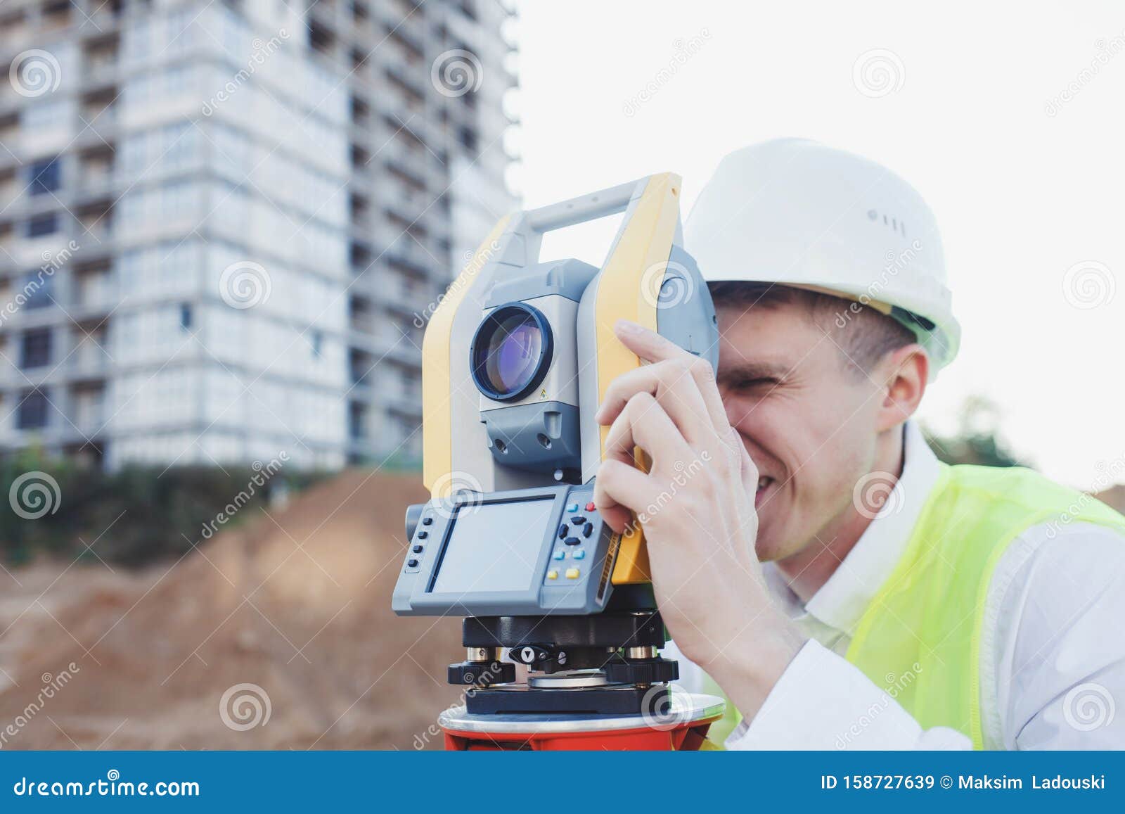 Surveyor Engineer in Helmet Stock Image - Image of measurement, station ...