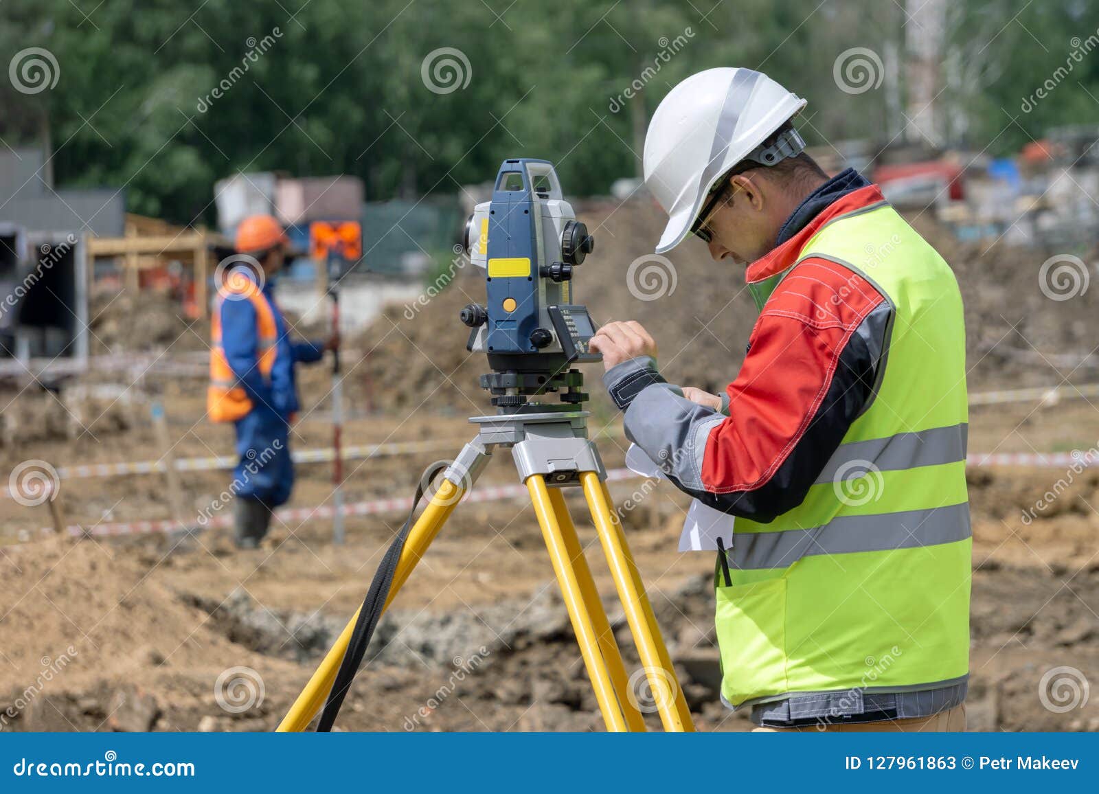 The Surveyor Makes Measurements Tachymeter and Enters Data Editorial ...