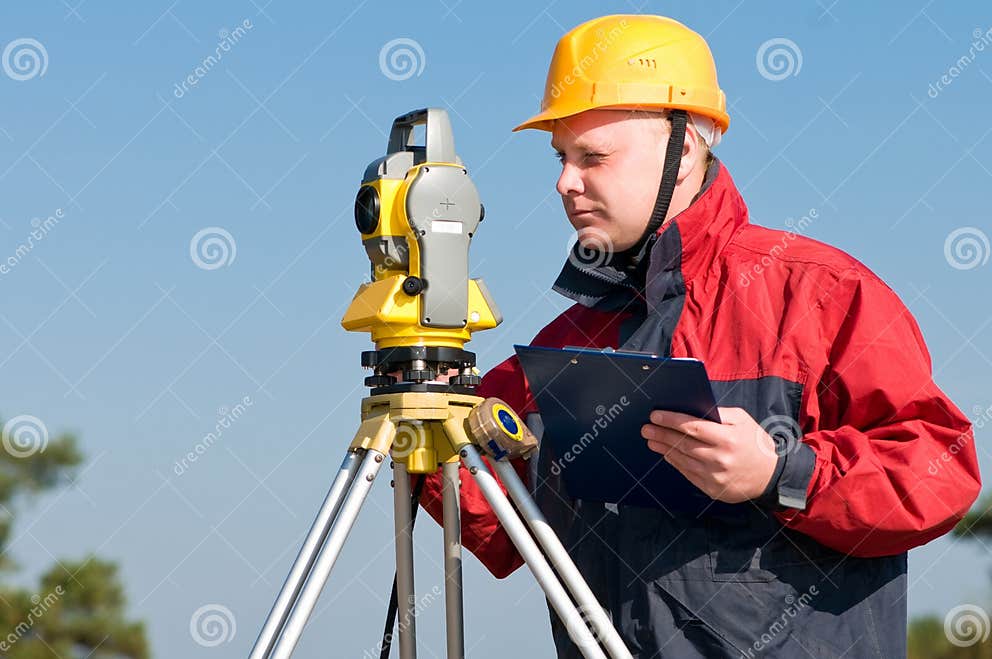 Surveyor at work stock image. Image of station, checking - 16389751