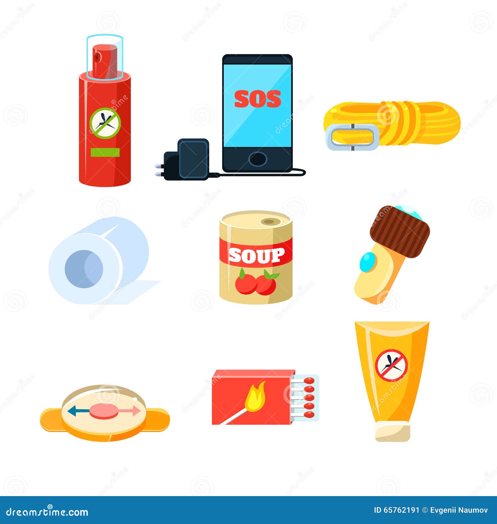 Survival Emergency Kit for Evacuation, Items, Active Rest. Vector ...