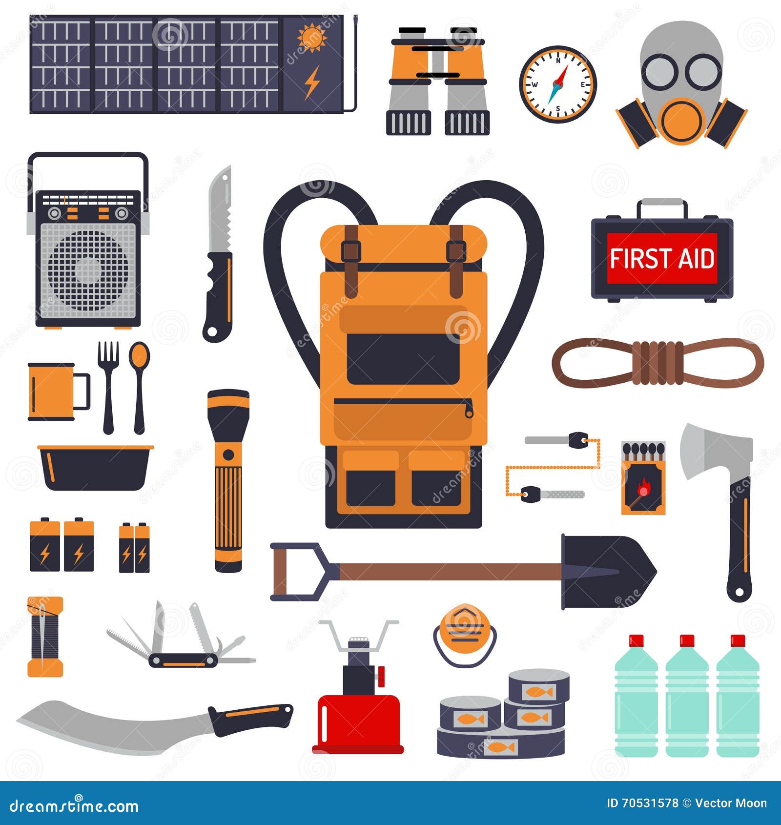 Survival Emergency Kit for Evacuation Vector Objects Set. Stock Vector ...