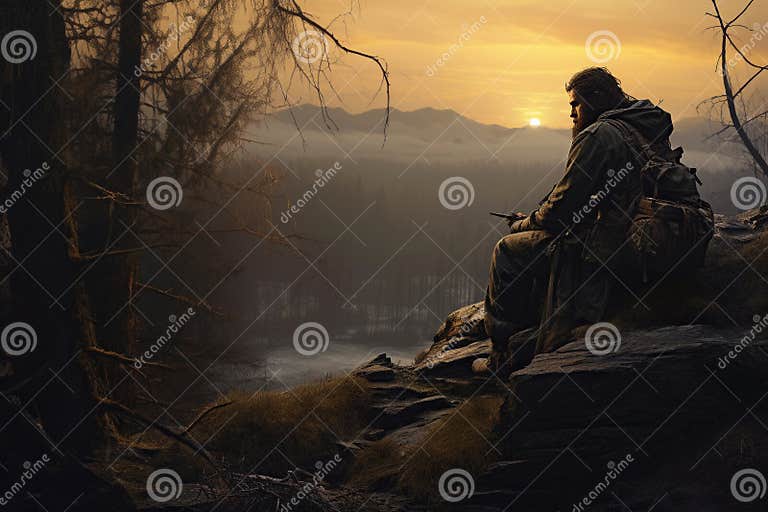 Survival in the Wilderness. a Lone Warrior Stock Illustration ...