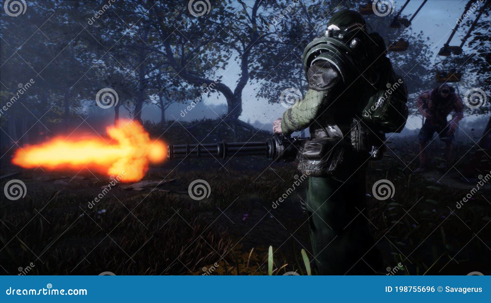 A Surviving Soldier With A Machine Gun Fights Monsters In A Post ...
