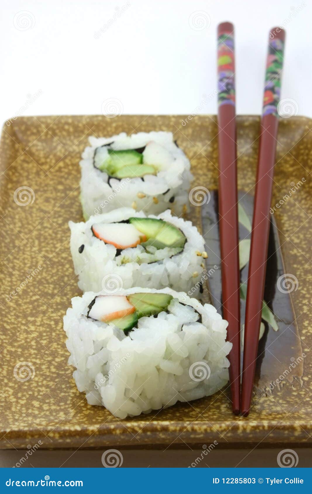 Sushi, 3 in a row on plate stock image. Image of chopped - 12285803