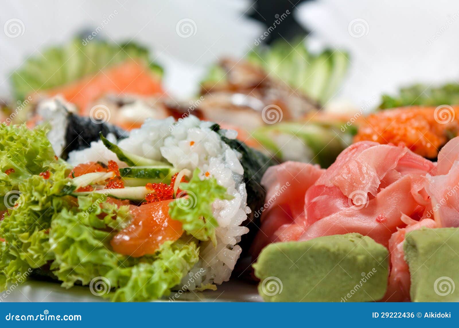 Sushi Assorted with Roll, Hand Roll, Sashimi, Ginger and Wasabi Stock ...