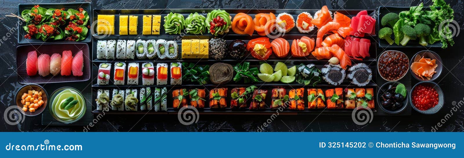 Sushi Assortment With Various Toppings And Sides Stock Photo ...