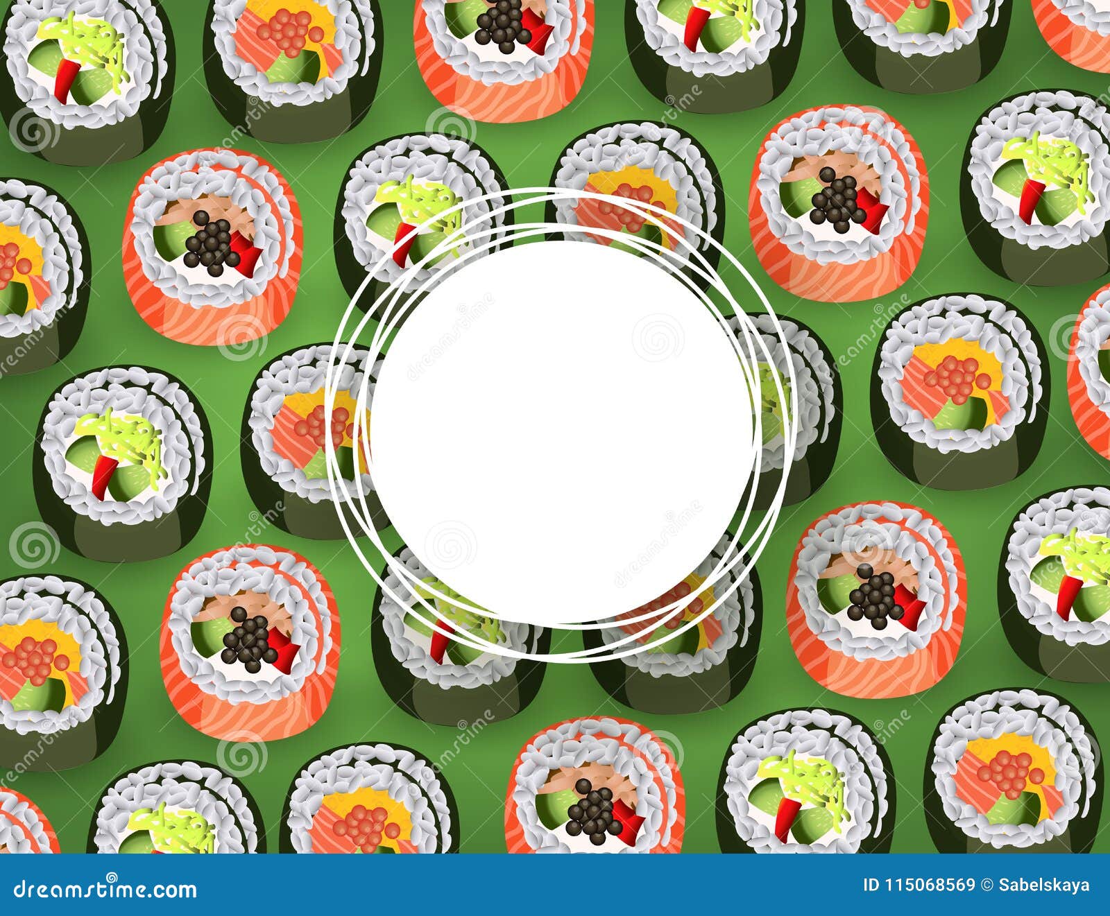 Sushi Banner with Fresh Rolls Pattern on Green Background and White ...