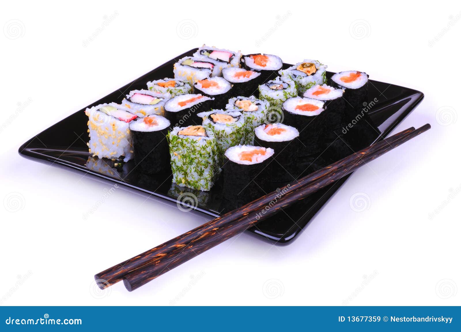 Sushi on the black plate stock image. Image of fish, culture - 13677359