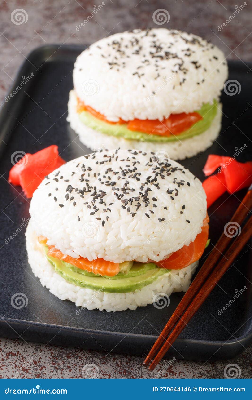 Sushi Burger with Avocado and a Salmon on a Dark Background. Vertical ...