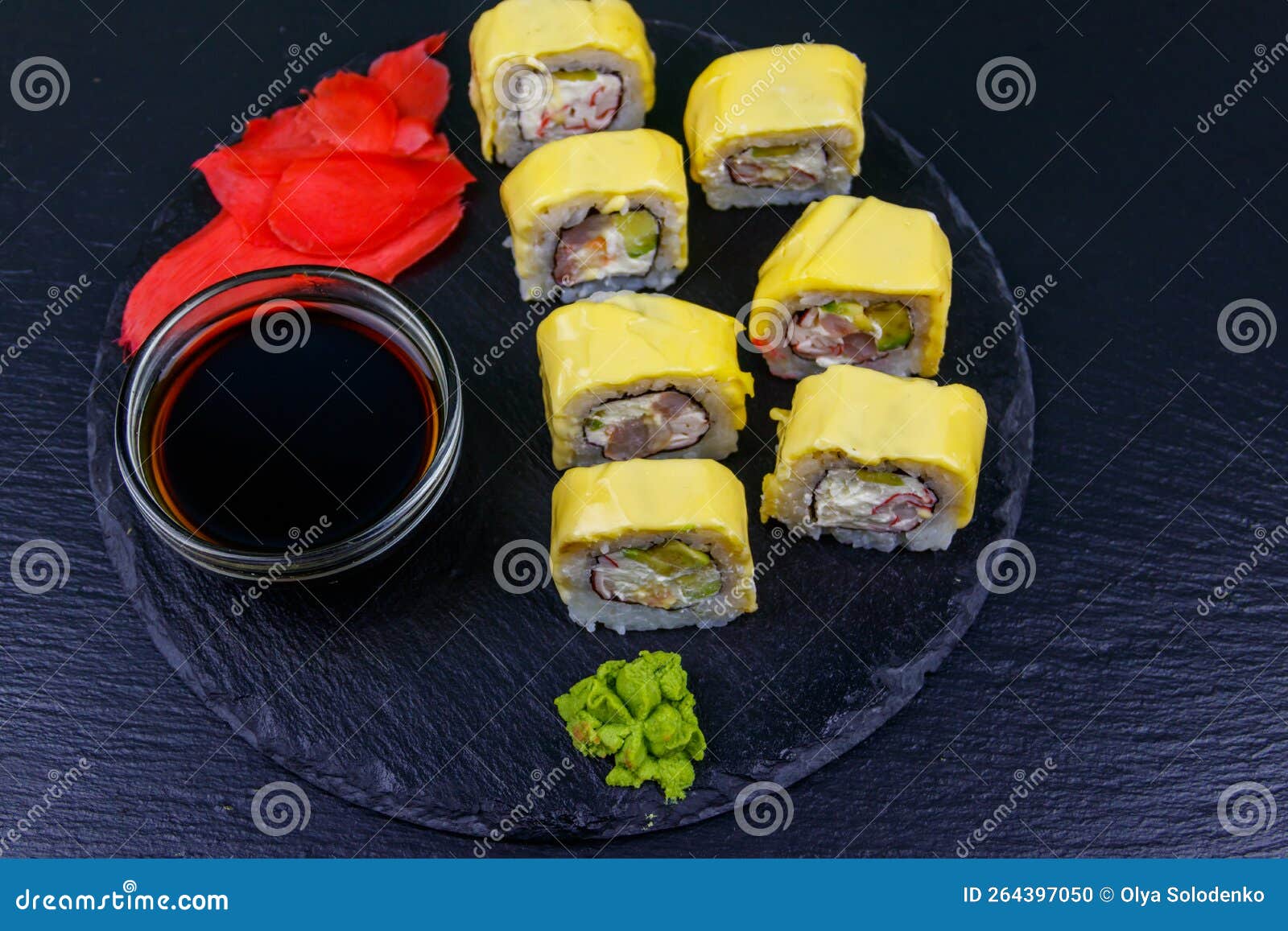 Sushi Cheese Rolls on Black Slate Stock Photo - Image of restaurant ...