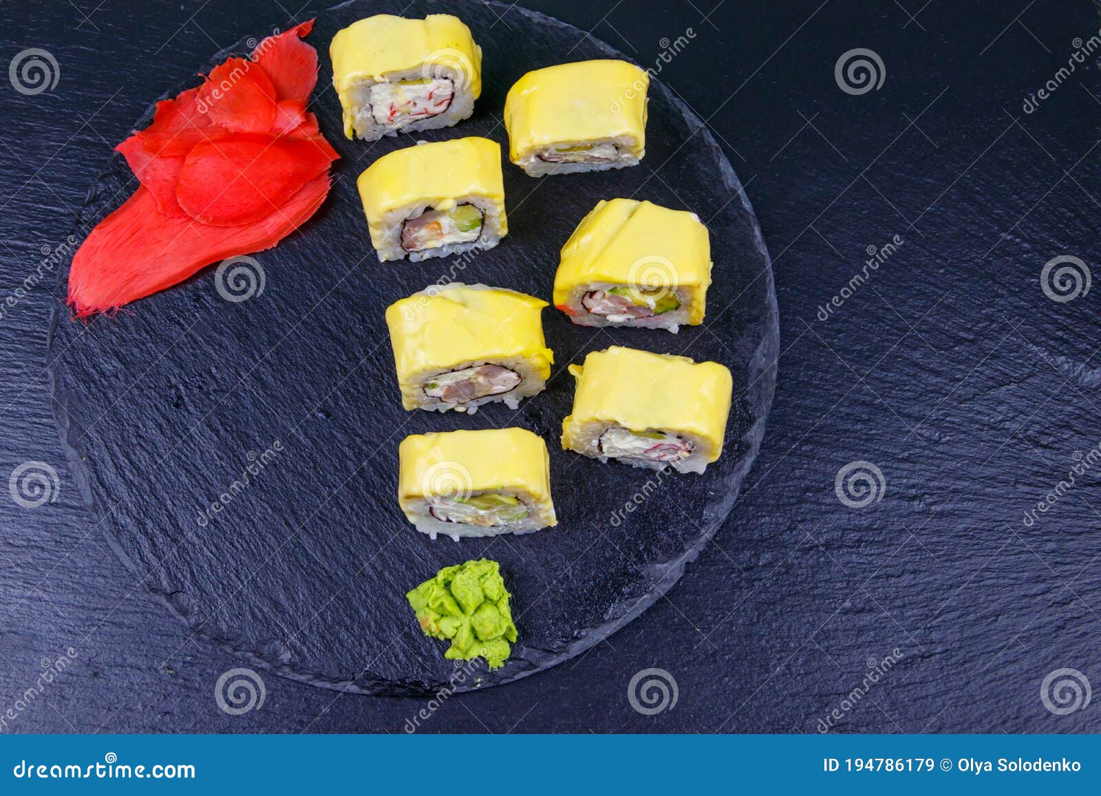 Sushi Cheese Rolls In Plastic Box On Wooden Table. Top View. Sushi For ...