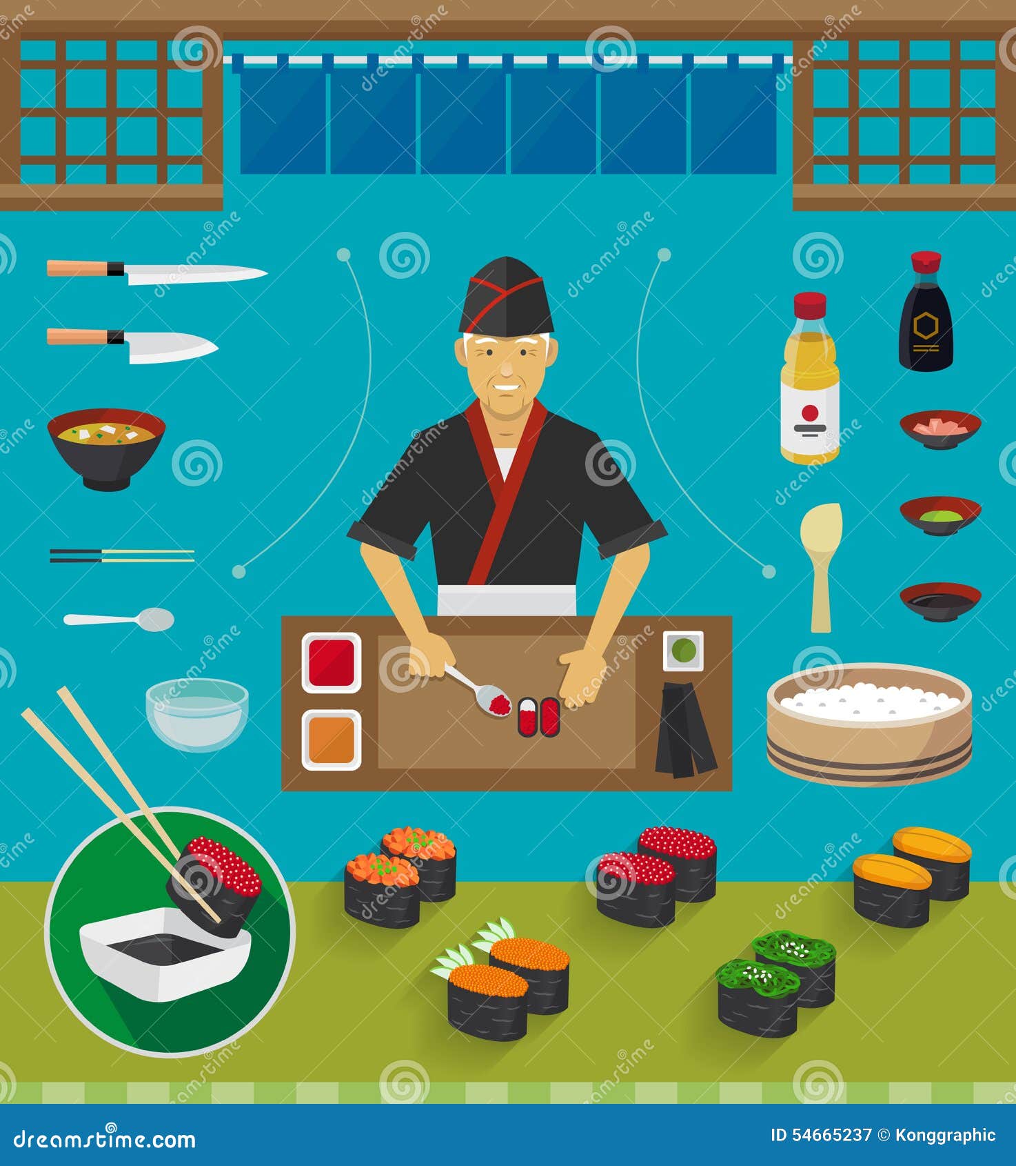 Sushi Chef Concept. Restaurant Chef Cooking Rolls And Sushi. Vector ...