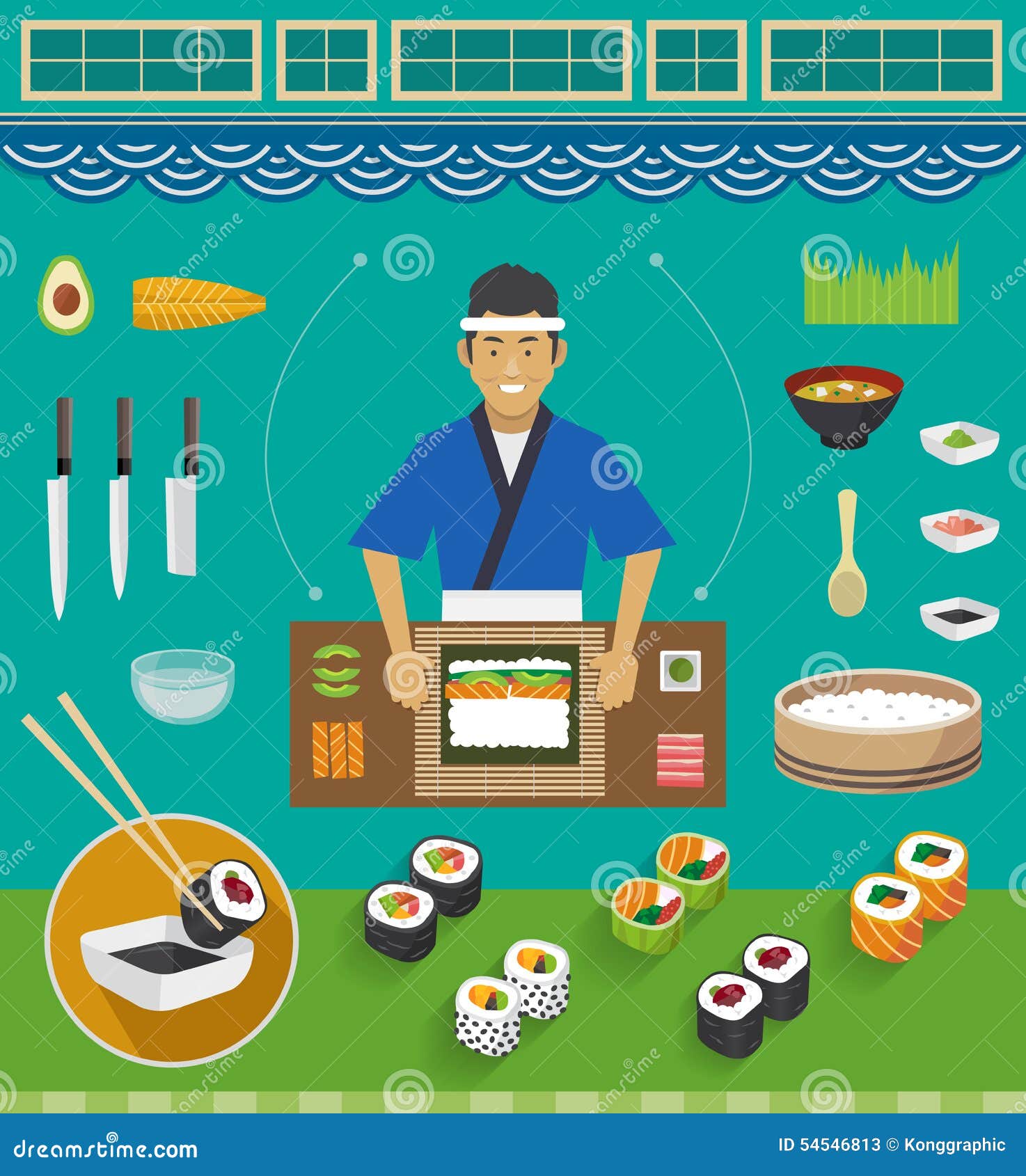 Sushi Chef Web Banner Or Landing Page. Restaurant Chef Cooking Rolls ...