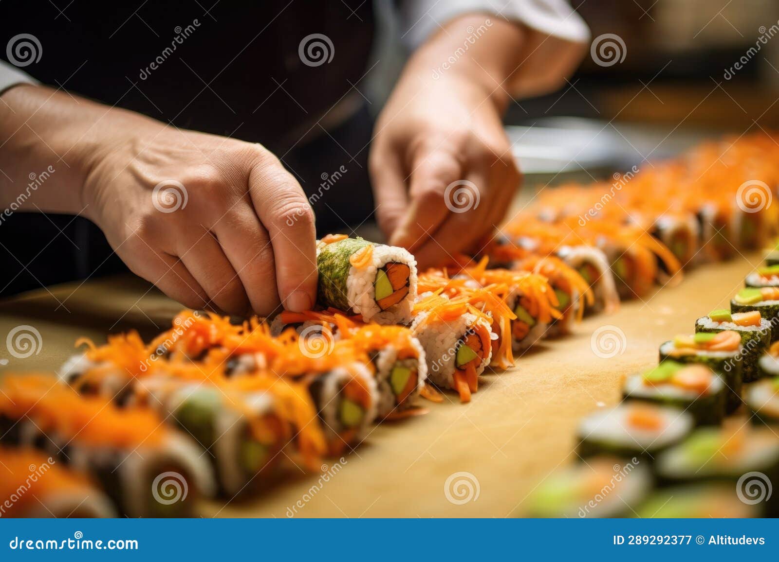 Sushi Chefs Hands Skillfully Preparing Maki Rolls Stock Image - Image ...