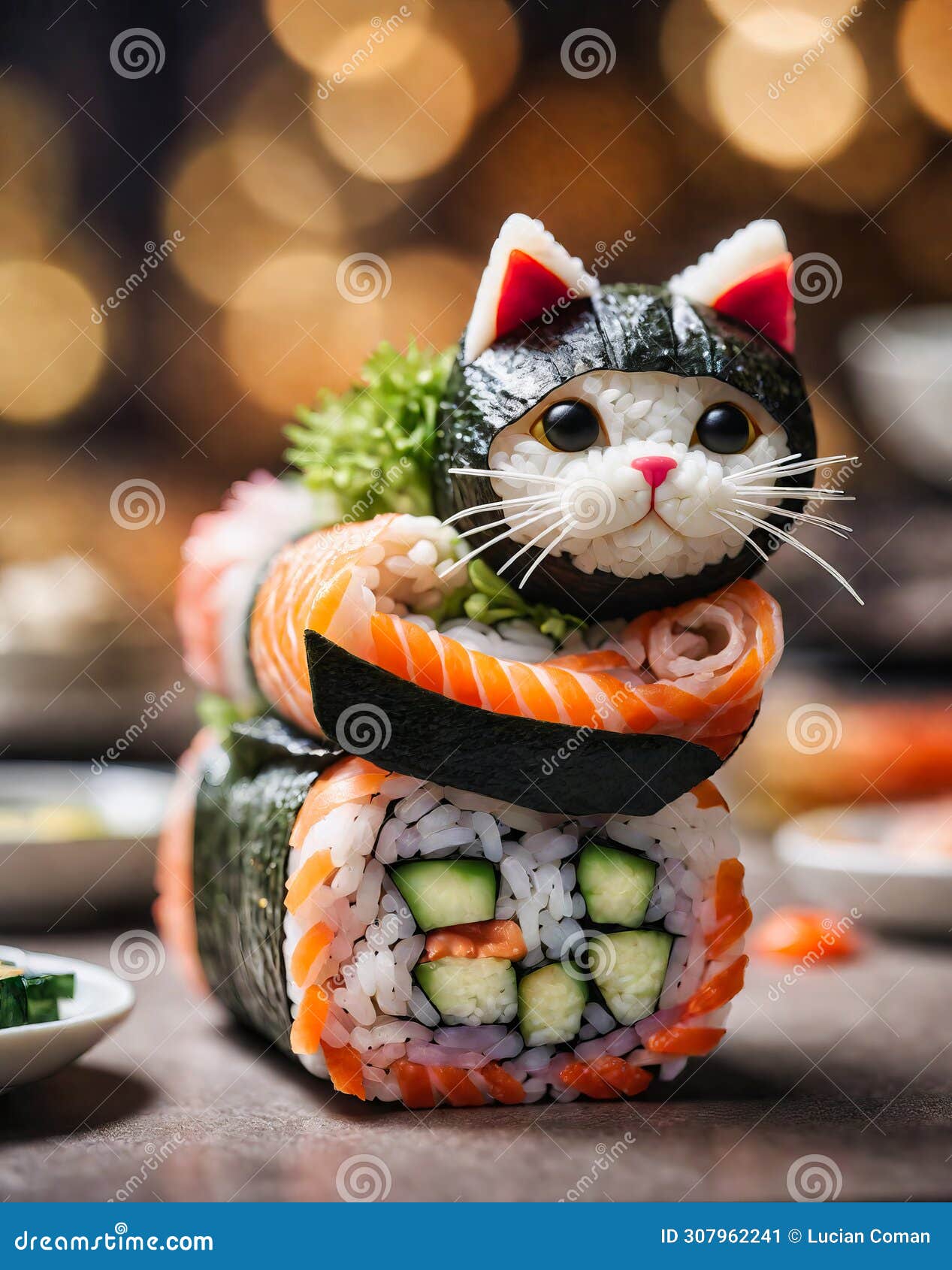Sushi, Fish and Rice in a Playful Shape of a Kitty Stock Illustration ...