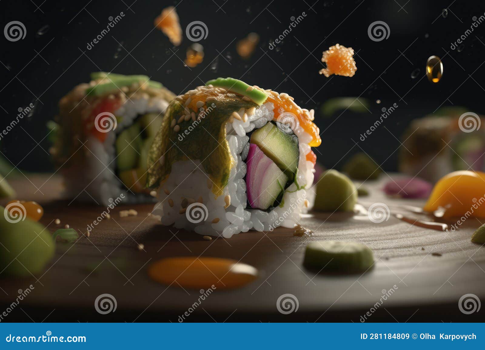 Sushi Flying, Close-up on Sushi Rolls. Food with Rice on Fish, Sushi ...