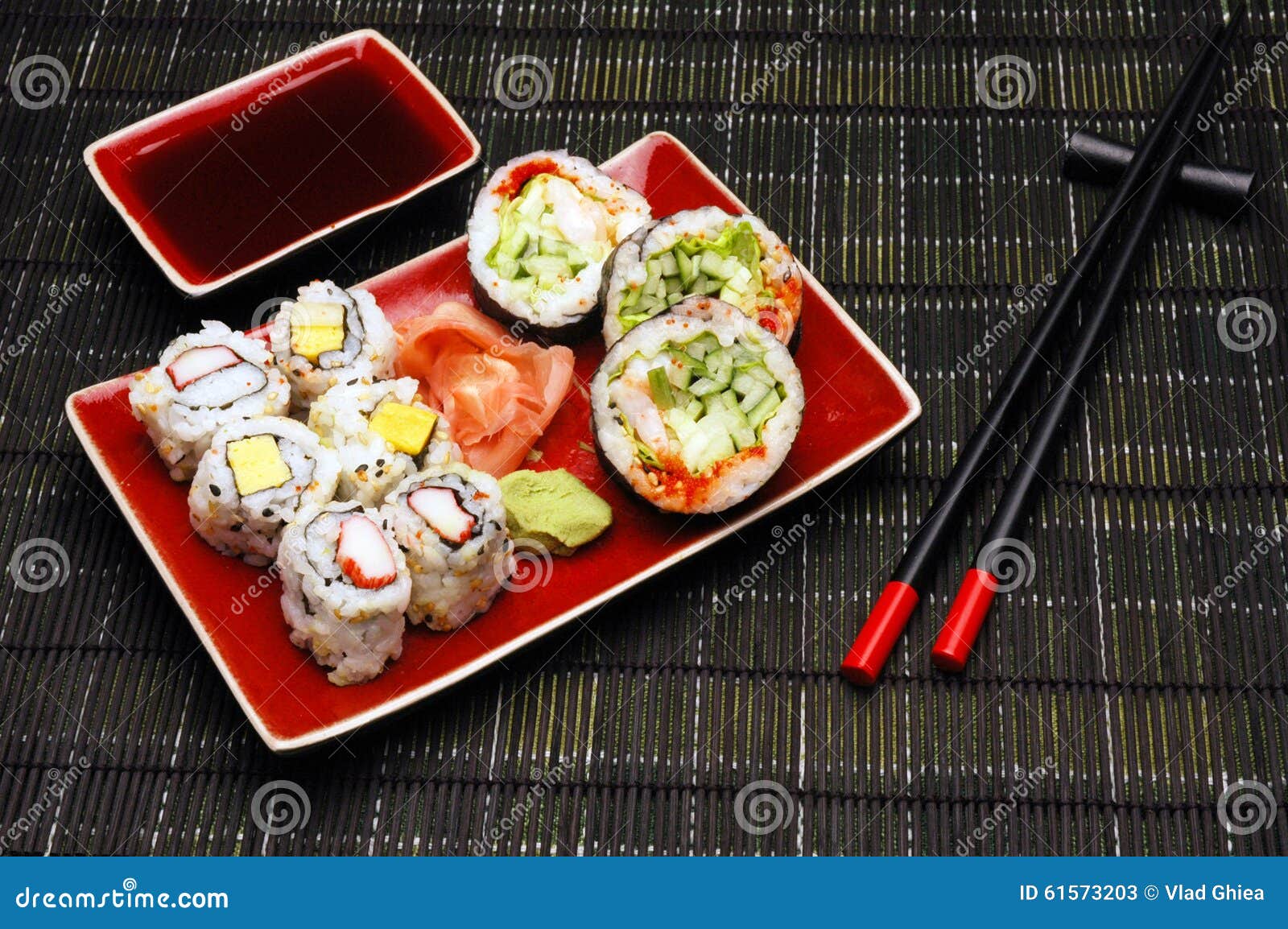 Sushi food on bamboo mat stock image. Image of asian - 61573203